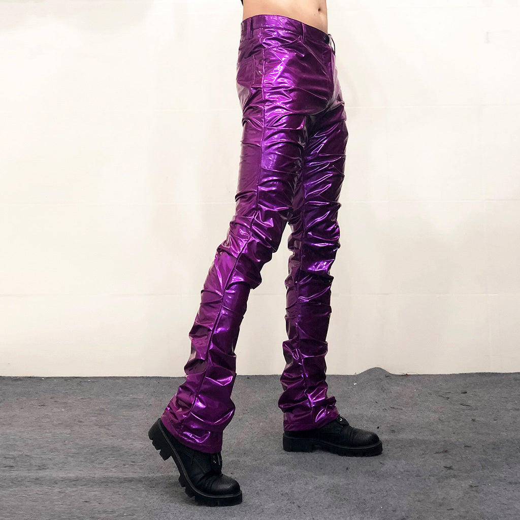 Bright Reflective Mirror Pleated Flare Leather Pants Sexy For Men – Nyzzle